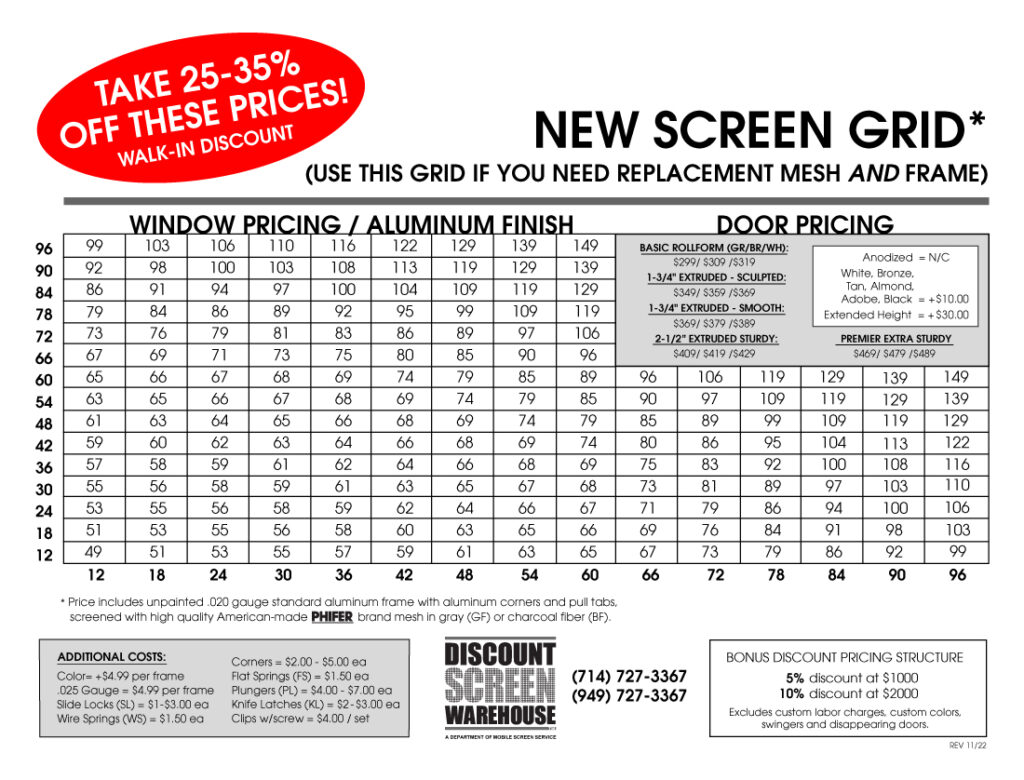 Discount Screen Warehouse - Price List