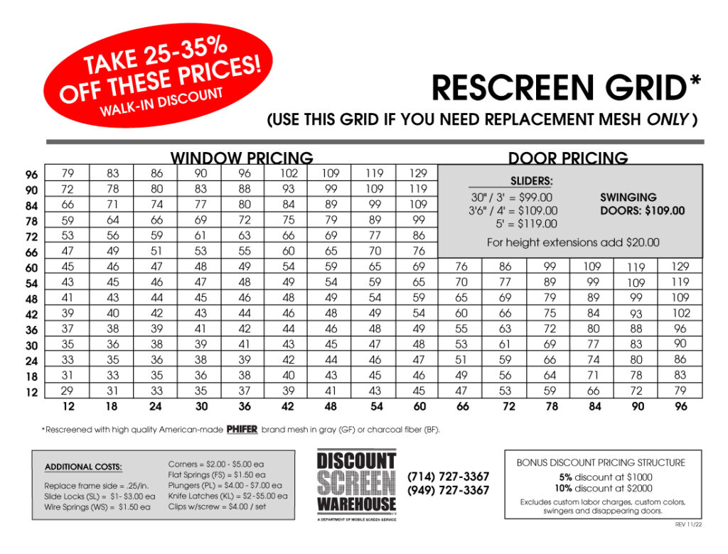 Discount Screen Warehouse - Price List