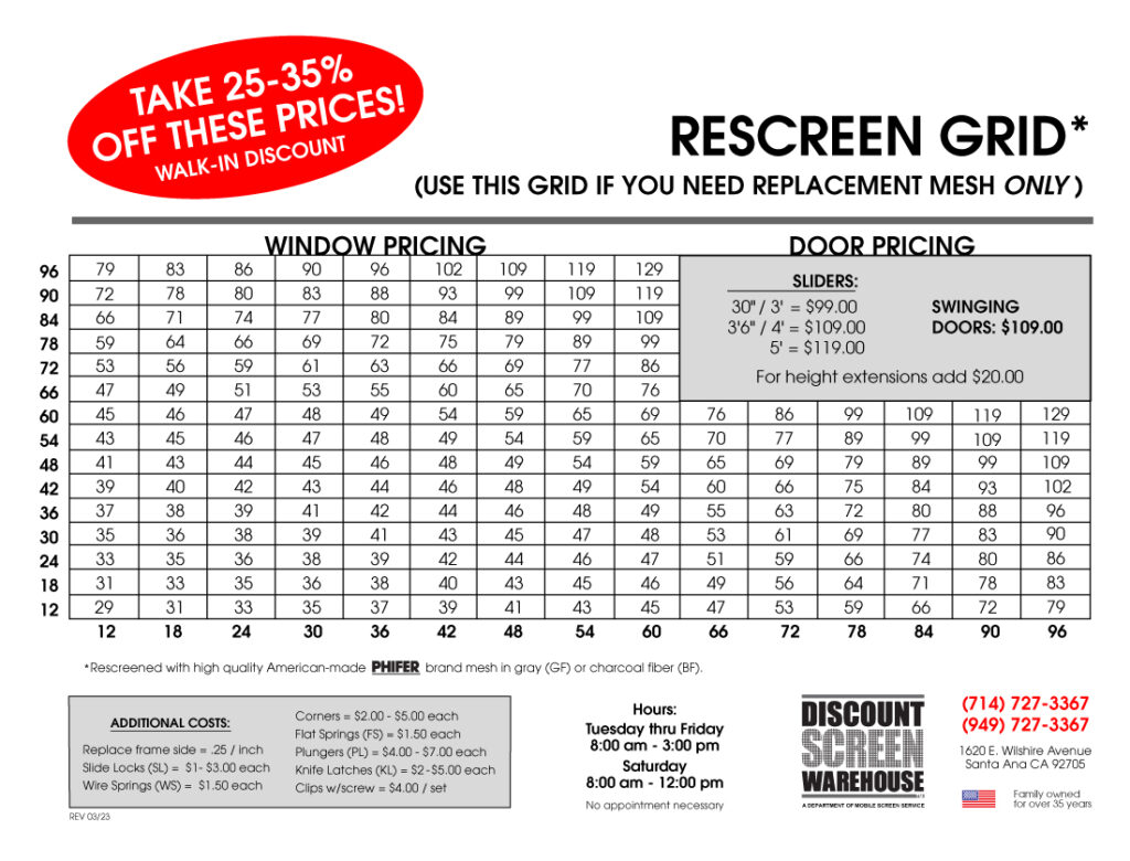 Discount Screen Warehouse - Price List